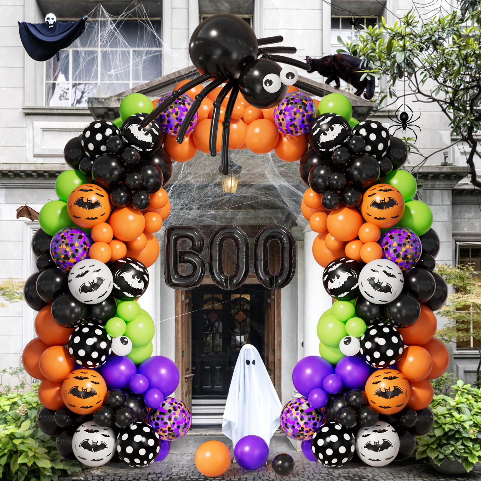 Grcypa Halloween Balloon Garland Arch kit with Spider Balloons Black Orange Purple Fruit Green Confetti Balloons BOO Foil Motifs Balloons for Halloween Theme Birthday Party Backdrops Decorations