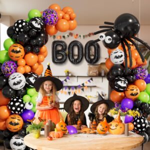 Grcypa Halloween Balloon Garland Arch kit with Spider Balloons Black Orange Purple Fruit Green Confetti Balloons BOO Foil Motifs Balloons for Halloween Theme Birthday Party Backdrops Decorations