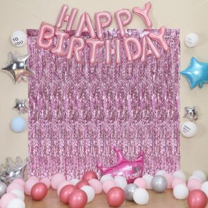 Pink Foil Fringe Curtain - Wavy Pink Fringe Backdrop 3.3 x 6.6 Feet, Pack of 3 | Pink Streamers Party Decorations Pink Birthday Decorations Valentine's Day Decoration Party Supplies