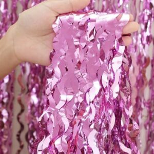 Pink Foil Fringe Curtain - Wavy Pink Fringe Backdrop 3.3 x 6.6 Feet, Pack of 3 | Pink Streamers Party Decorations Pink Birthday Decorations Valentine's Day Decoration Party Supplies