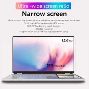 GOWENIC Double Screen Laptop for Win 11, 15.6 Inch IPS Screen Notebook with 7 Inch IPS Touch Screen, Laptop Computer with N5105 Quad Core 2.0GHz Processor (16GB+512GB US Plug)