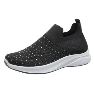 hindola women's fashion rhinestone mesh sneaker knit slip on shoes breathable glitter walking shoes ballroom jazz latin dance sock sneakers black