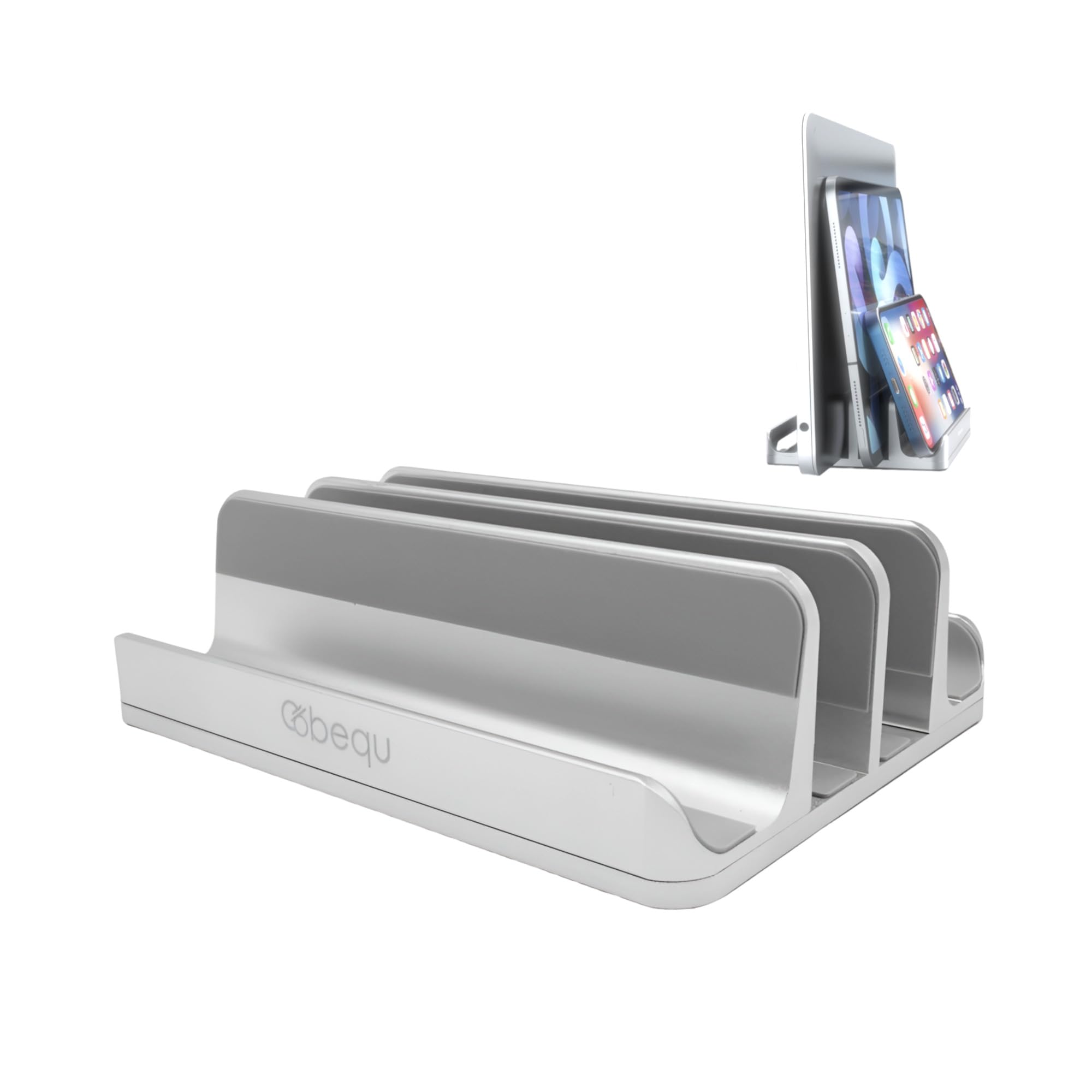 BEQU 4-in-1 Vertical Laptop Stand/Holder (Silver), 2 laptops/2 Phones simultaneously, Heavy Duty Aluminum, Anti-Slip Silicone Pad, Adjustable, Fits All IPADs/Tablets/Cell Phones/Laptops (4 Slot)