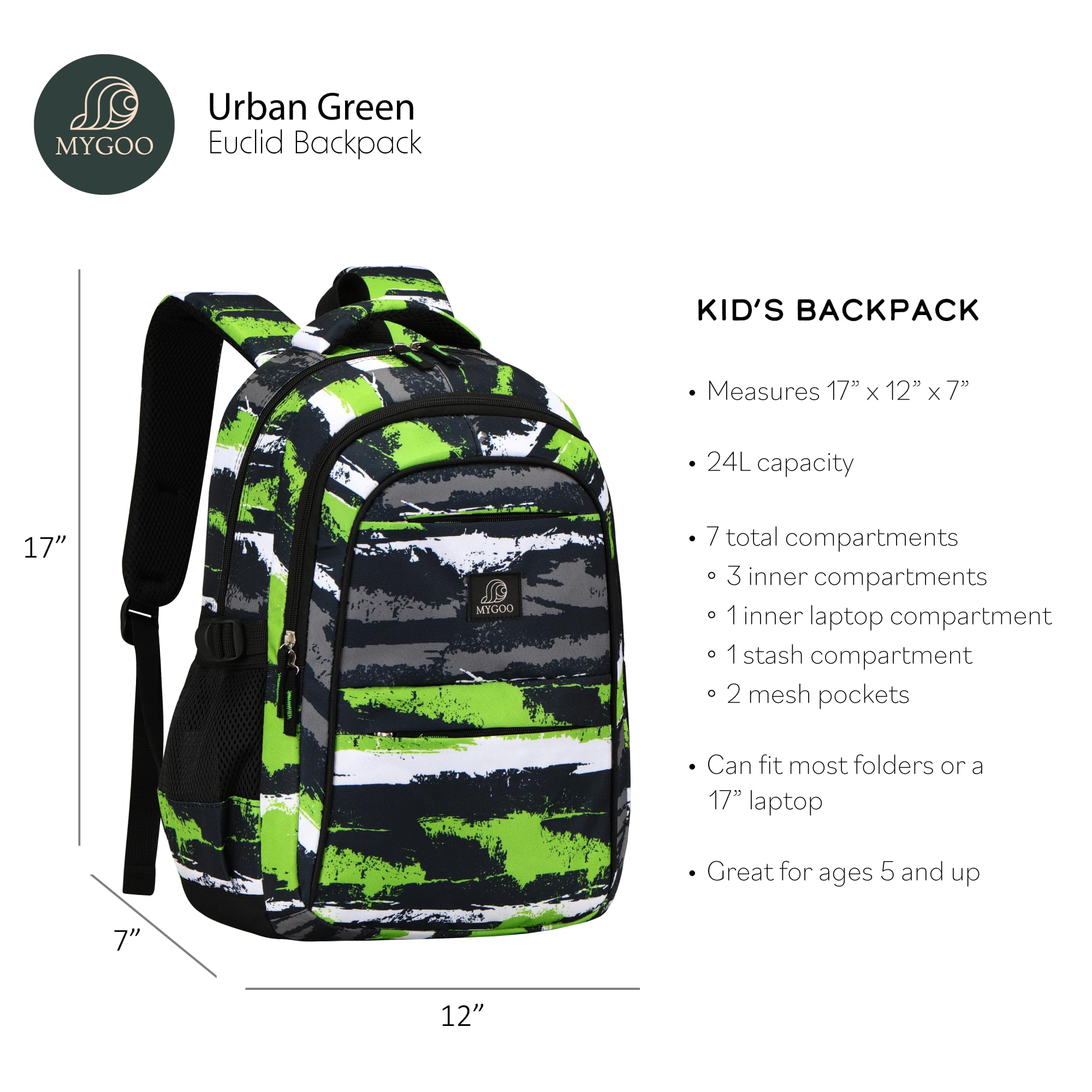 MYGOO Boys Educational Backpack | Euclid Collection Schoolbag for Kids | 17 inch Tall 24L | Vibrant Urban Green