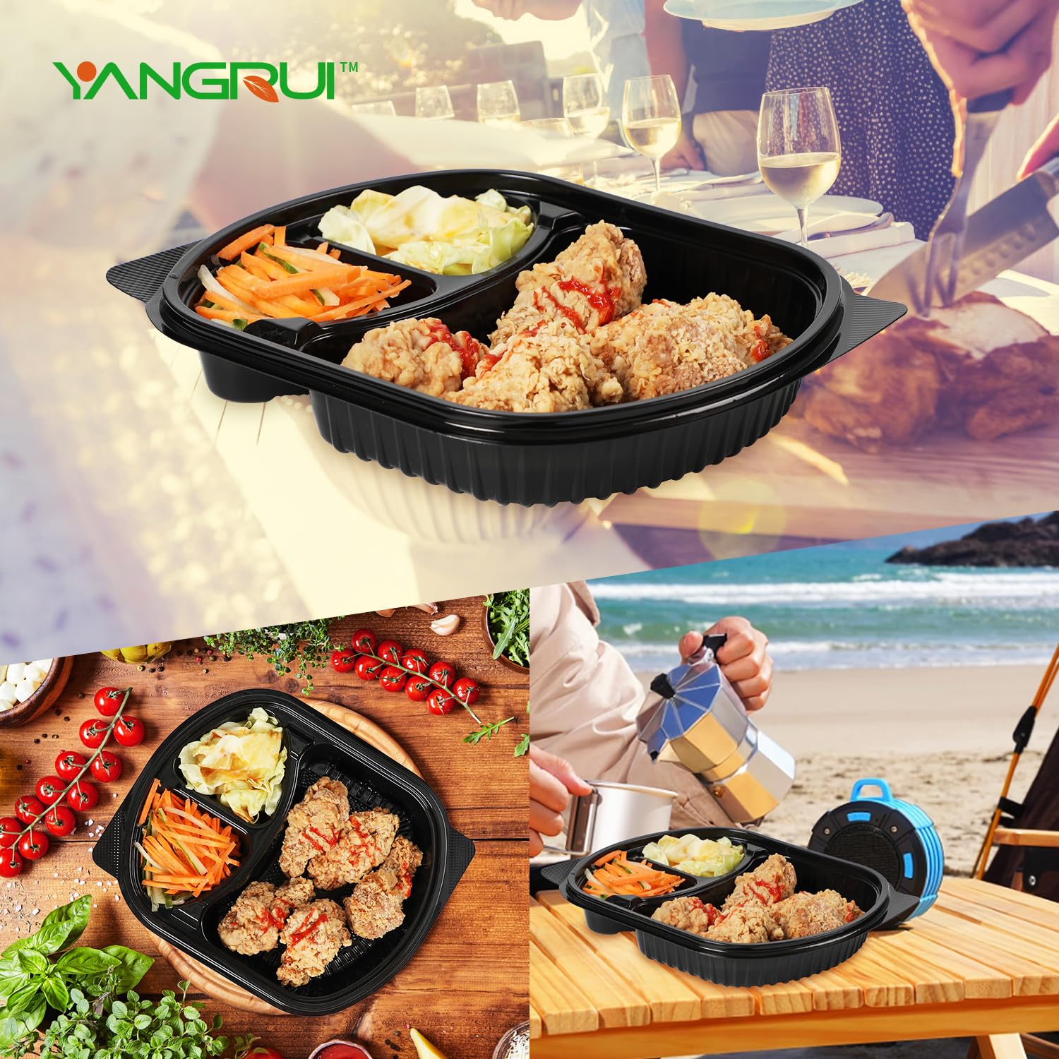 YANGRUI Meal Prep Container, 30 Pack 30oz BPA Free Reusable To Go Containers with Lids Shrink Wrap Microwave Dishwasher Freezer Safe Plastic 3 Compartment Bento Box