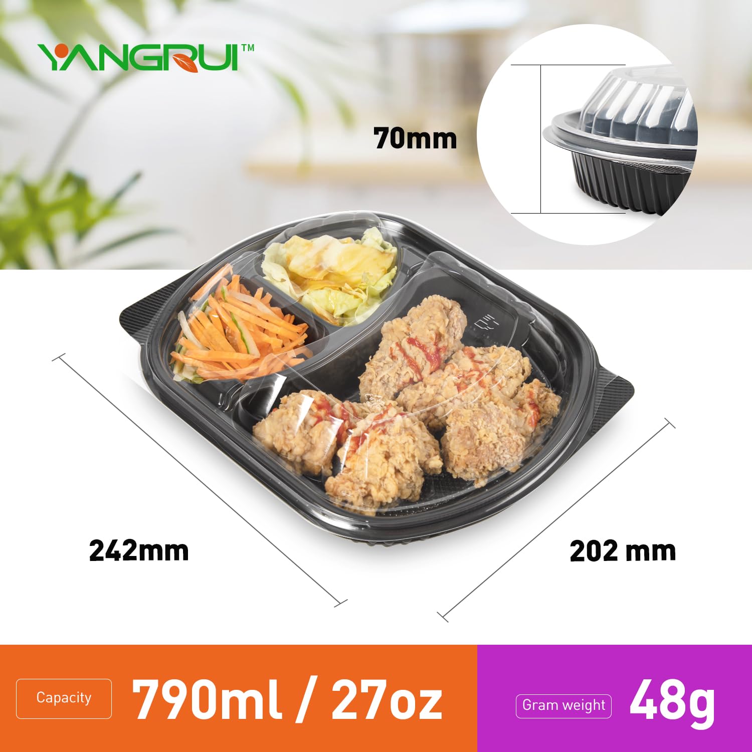 YANGRUI Meal Prep Container, 30 Pack 30oz BPA Free Reusable To Go Containers with Lids Shrink Wrap Microwave Dishwasher Freezer Safe Plastic 3 Compartment Bento Box