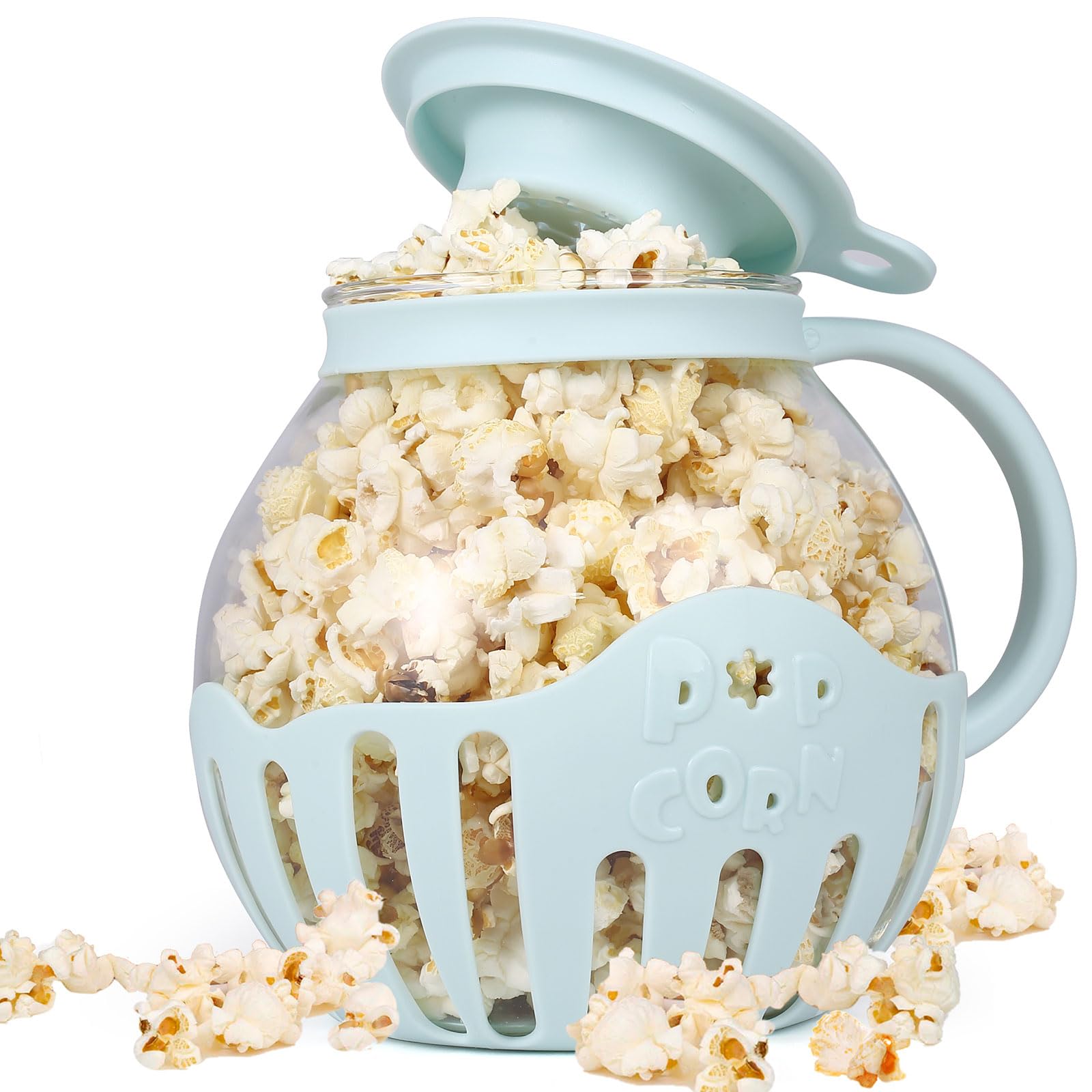 MMUGOOLER Glass Microwave Popcorn Popper, 2.25QT Original Popcorn Jar with Silicone Lid, BPA Free, Dishwasher Safe- blue