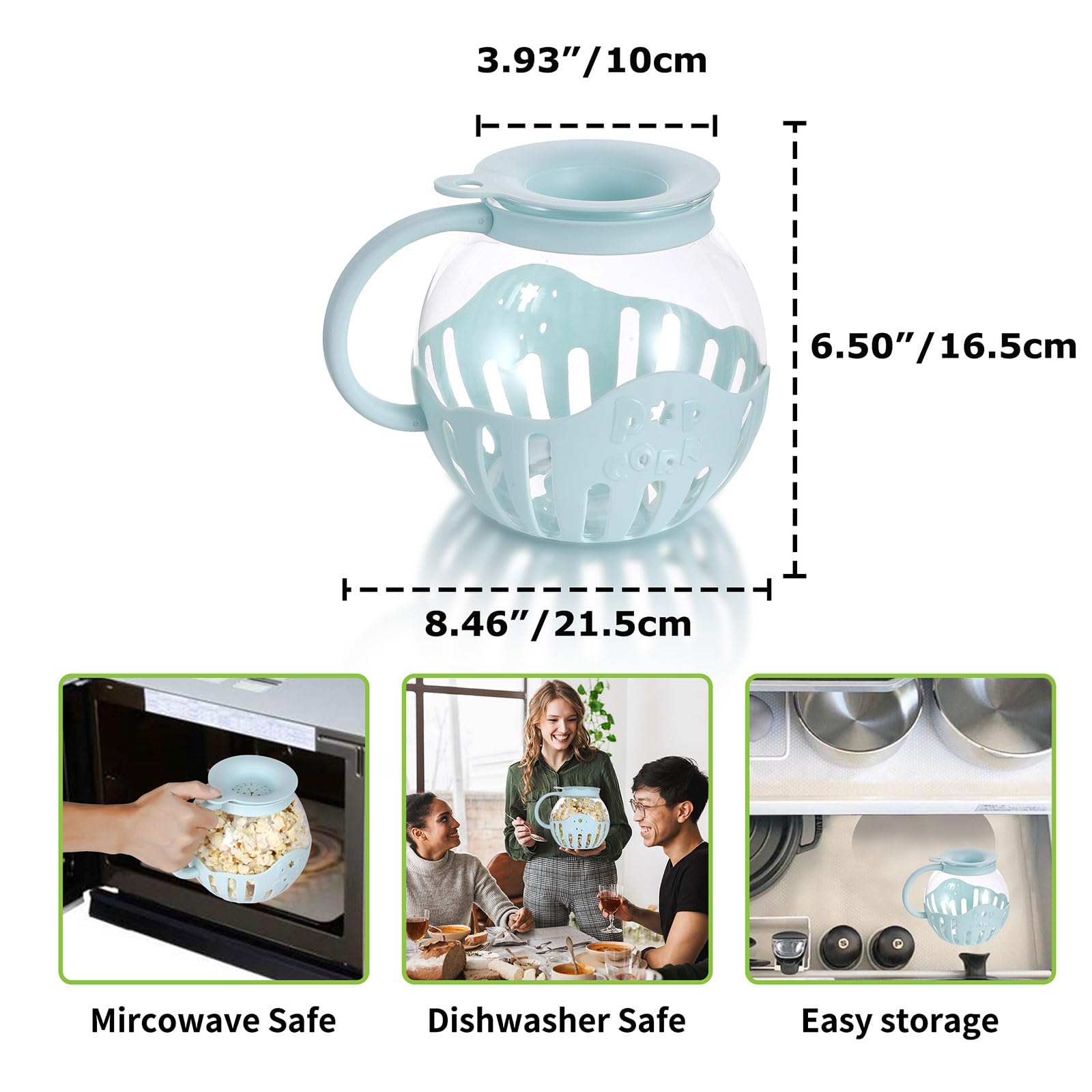 MMUGOOLER Glass Microwave Popcorn Popper, 2.25QT Original Popcorn Jar with Silicone Lid, BPA Free, Dishwasher Safe- blue