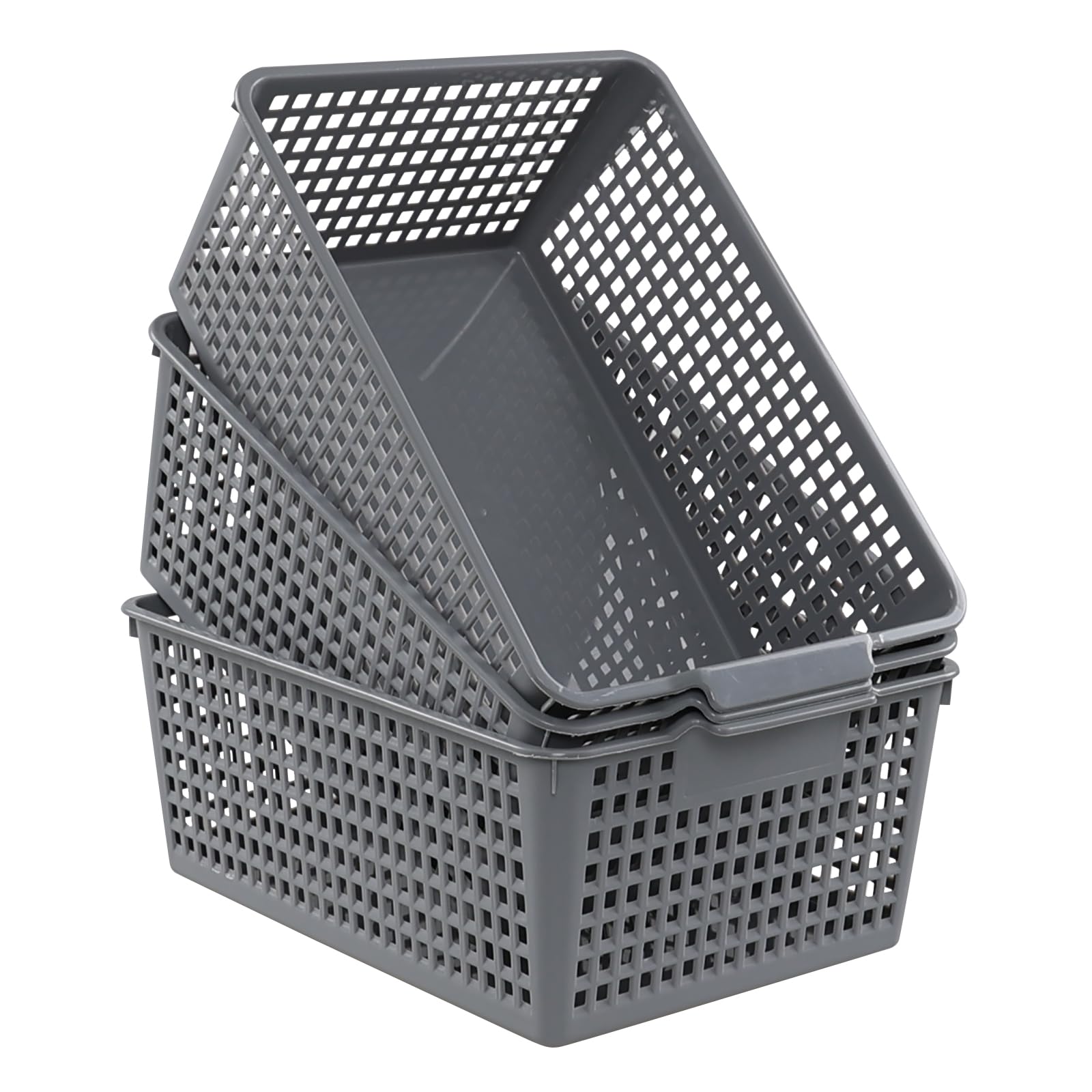 Ramddy 3-Pack Grey Storage Baskets, Large Plastic Organizer Baskets