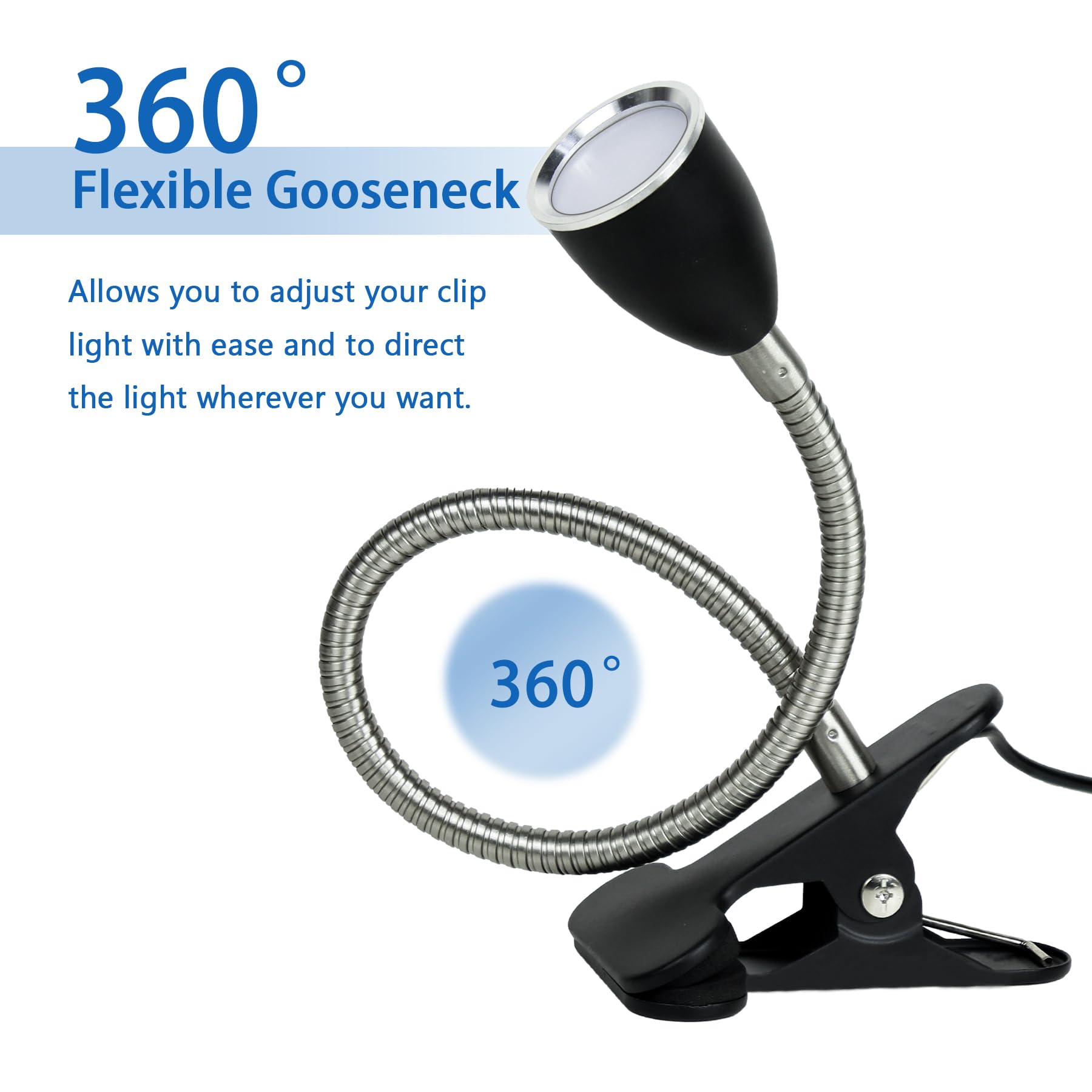 Desk lamp Eye-Caring Table Lamps, 360°Rotation Gooseneck Clip on Lamp Reading Light, Portable Reading Book Light, Clamp Light, Study Desk Lamps for Bedroom and Office Home Lighting (Black-C01)