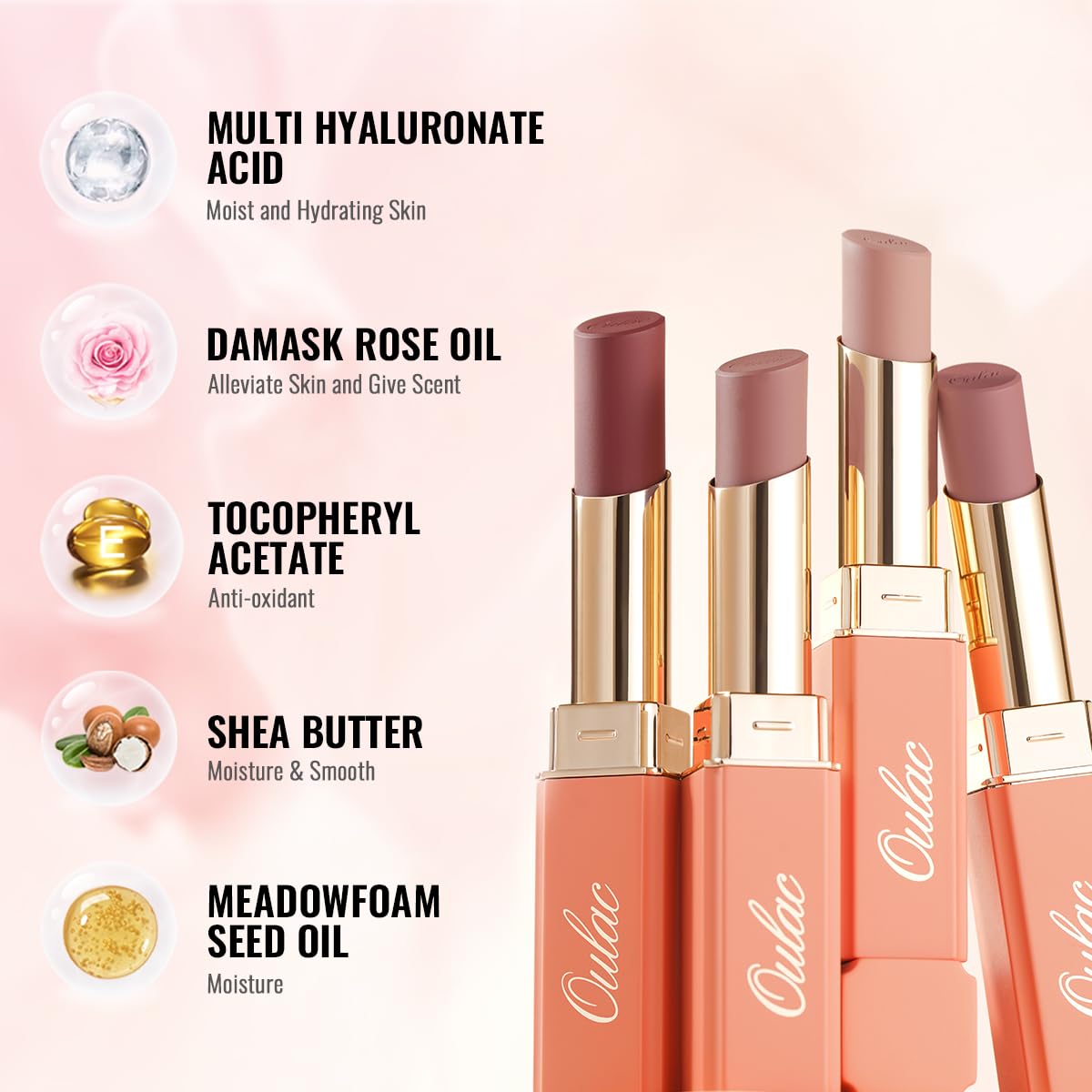 Oulac Cream Lipsticks for Women, Nude Long Lasting Hydrating Lipstick, Full Coverage Lip Color, Moisturizing, Satin Finish, Creamy, Infused with Hyaluronic Acid, Vegan, Gluten Free SG04 Be Mine