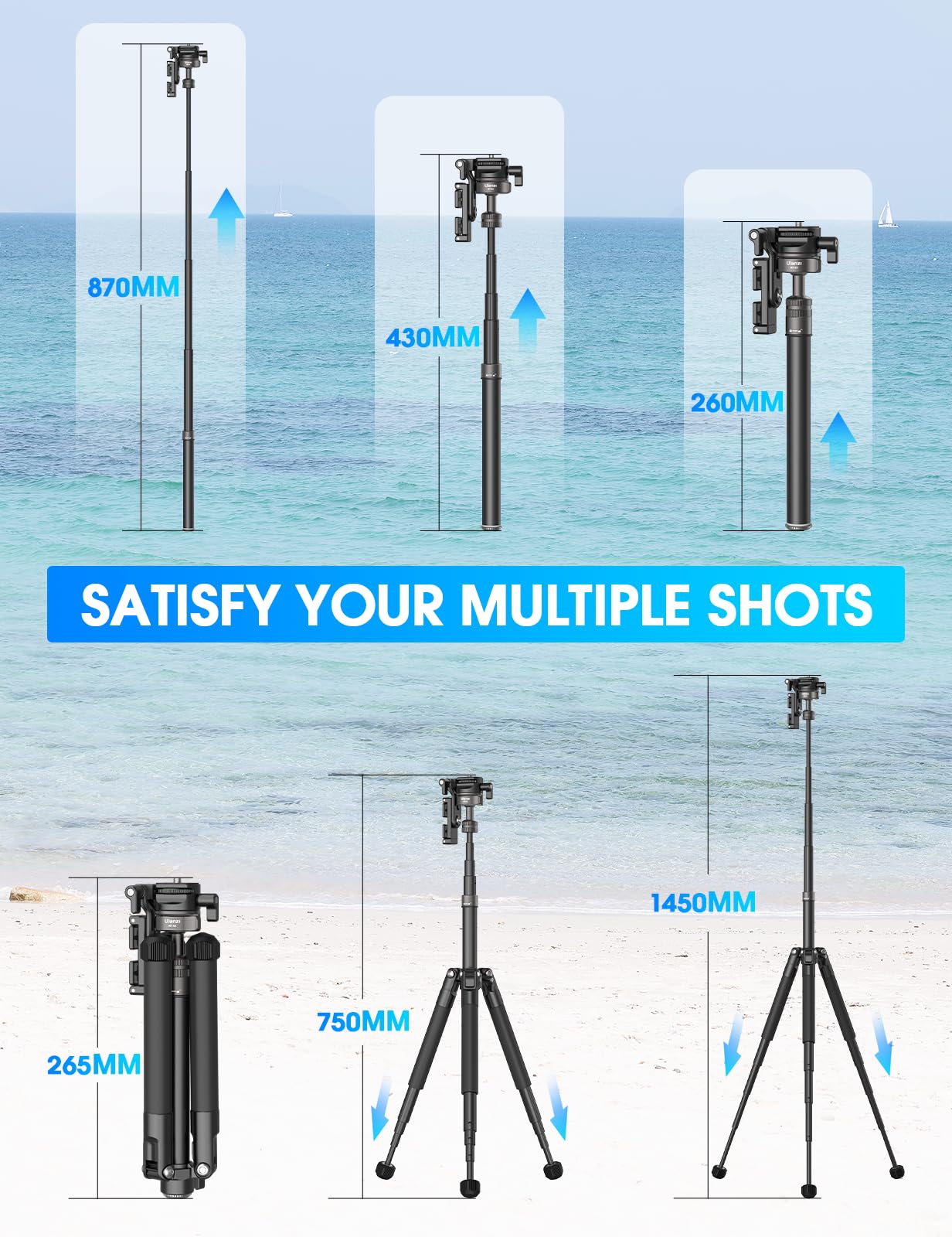 ULANZI MT-63 Mini Phone Tripod, 57" Portable Foldable Aluminum Alloy Extendable Camera Tripod with 2 in 1 Phone Clip, 360° Ball Head Travel Lightweight Tripod for iPhone DSLR Camera Max Load 5KG/11LBS