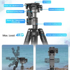 ULANZI MT-63 Mini Phone Tripod, 57" Portable Foldable Aluminum Alloy Extendable Camera Tripod with 2 in 1 Phone Clip, 360° Ball Head Travel Lightweight Tripod for iPhone DSLR Camera Max Load 5KG/11LBS