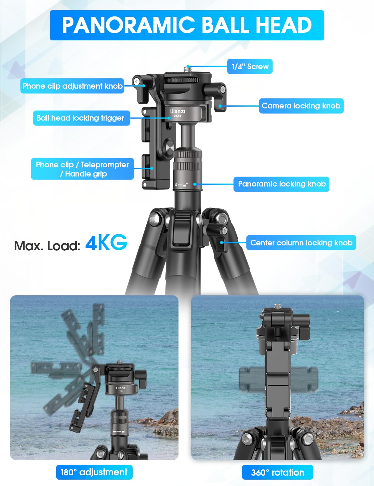 ULANZI MT-63 Mini Phone Tripod, 57" Portable Foldable Aluminum Alloy Extendable Camera Tripod with 2 in 1 Phone Clip, 360° Ball Head Travel Lightweight Tripod for iPhone DSLR Camera Max Load 5KG/11LBS