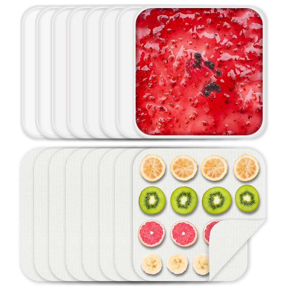 8 Pcs Silicone Food Dehydrator-Trays with Edge, 8 Pcs Mesh Dehydrator Mats,Reusable Non Stick Silicone Dehydrator Sheets (11x 11in) for Liquids,Fruit Leather,Herbs,Meat and Yogurt