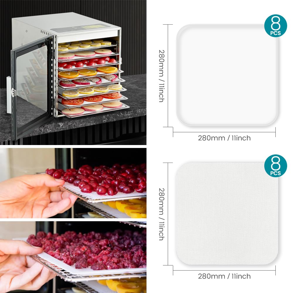 8 Pcs Silicone Food Dehydrator-Trays with Edge, 8 Pcs Mesh Dehydrator Mats,Reusable Non Stick Silicone Dehydrator Sheets (11x 11in) for Liquids,Fruit Leather,Herbs,Meat and Yogurt