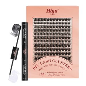 higu clace clusters lashes 140pcs, diy eyelash extensions 3d fluffy mixed 10-16mm lash bond and seal, bond and seal lash glue for all day wear cluster lash glue eyelash bond and seal