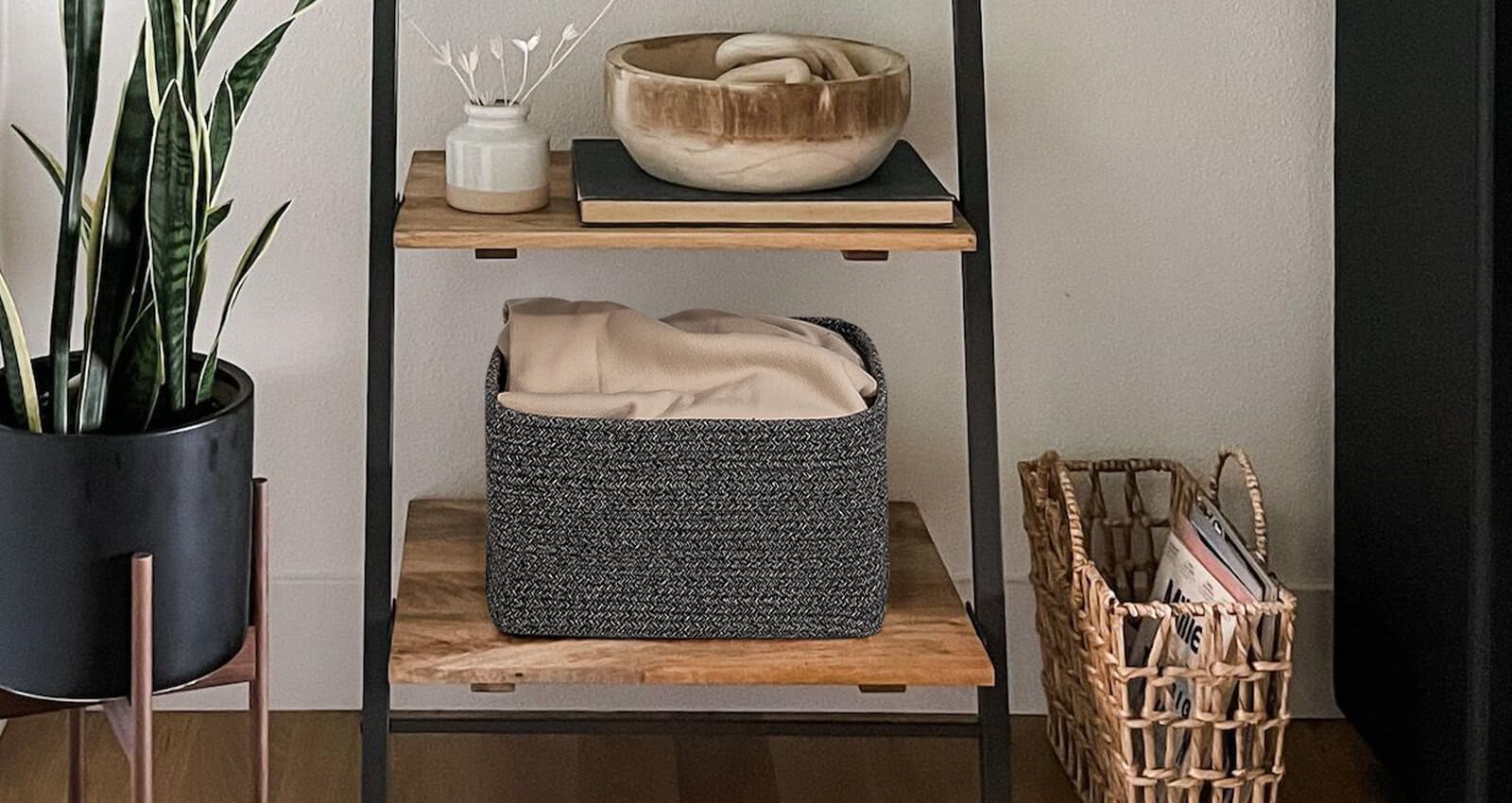 Kriitools Cubes Shelf Closet Storage Baskets Bins, Cotton Rope Towel Baskets for Living Room, Woven Cubes Baskets Bins for Shelves, Stylish Room Decor Basket, Mixed Black 3 pack