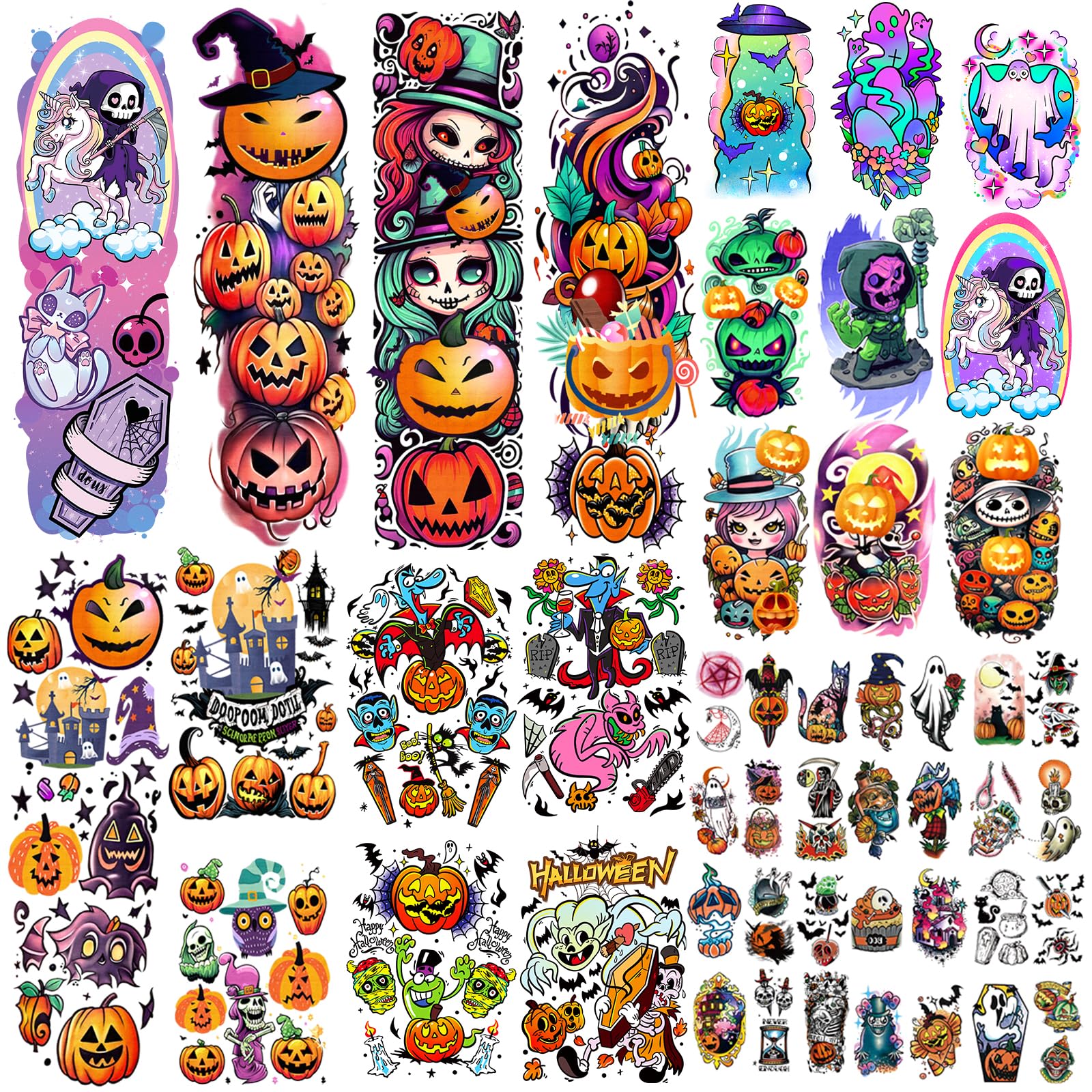 Kids Full Arm Temporary Tattoo, 52 Sheets Halloween Fake Tattoos Realistic for Boys Girls Halloween Party Favors, Pumpkin Ghost Reaper Bat Vampire Coffin Witch Rainbow Cat Spaceship Lasting Tattoos