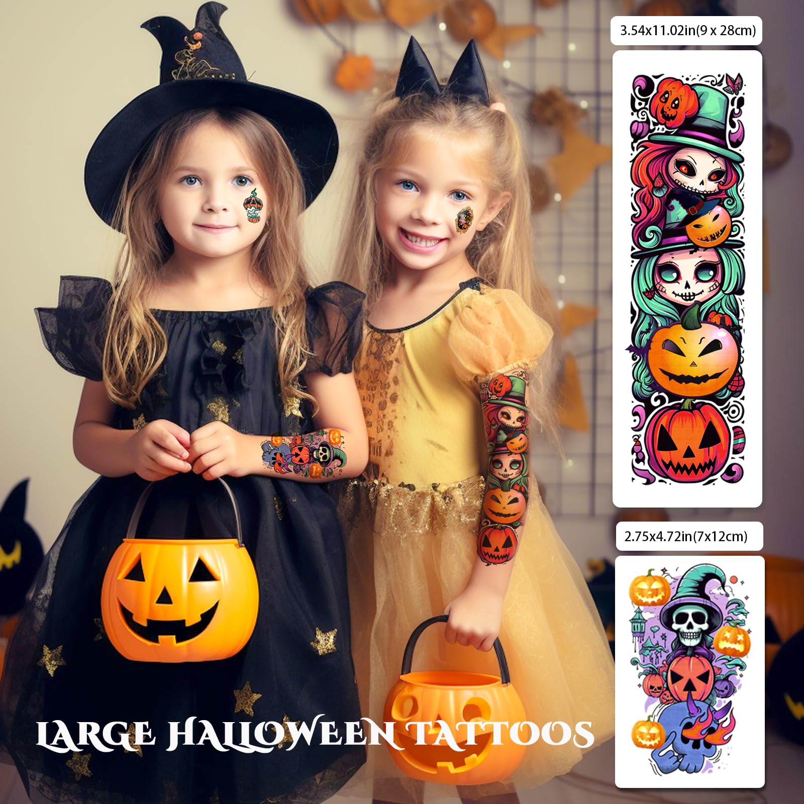 Kids Full Arm Temporary Tattoo, 52 Sheets Halloween Fake Tattoos Realistic for Boys Girls Halloween Party Favors, Pumpkin Ghost Reaper Bat Vampire Coffin Witch Rainbow Cat Spaceship Lasting Tattoos