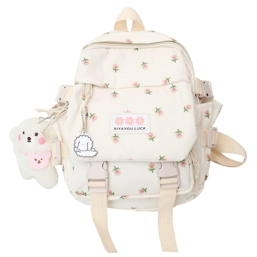 Aesthetic Kawaii Backpack with Kawaii Pendants for School Cute Mini Backpack Flowers Japanese School Bag for Teen Girls (White)