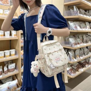 Aesthetic Kawaii Backpack with Kawaii Pendants for School Cute Mini Backpack Flowers Japanese School Bag for Teen Girls (White)