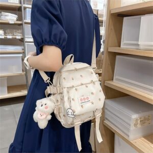 Aesthetic Kawaii Backpack with Kawaii Pendants for School Cute Mini Backpack Flowers Japanese School Bag for Teen Girls (White)