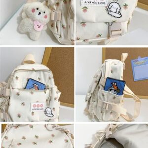 Aesthetic Kawaii Backpack with Kawaii Pendants for School Cute Mini Backpack Flowers Japanese School Bag for Teen Girls (White)