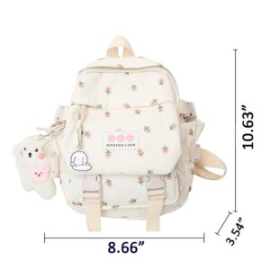 Aesthetic Kawaii Backpack with Kawaii Pendants for School Cute Mini Backpack Flowers Japanese School Bag for Teen Girls (White)