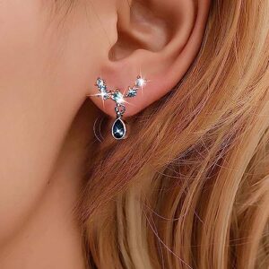 Sttiafay Vintage Teardrop Sapphire Earrings Crystal Climber Earrings Blue Sapphire Dangle Earrings Silver Sparkly Cz Rhinestone Earrings Jewelry for Women and Girls