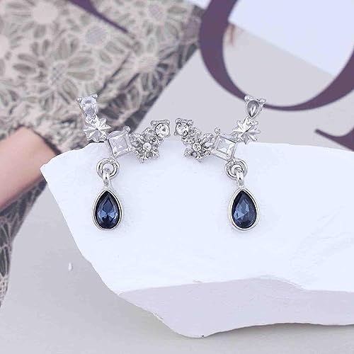 Sttiafay Vintage Teardrop Sapphire Earrings Crystal Climber Earrings Blue Sapphire Dangle Earrings Silver Sparkly Cz Rhinestone Earrings Jewelry for Women and Girls