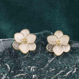 Sttiafay Vintage Enamel Flower Stud Earrings Camellia Flower Earrings Gold Crystal Flower Petal Earrings White Petal Stud Earrings Jewelry for Women and Girls