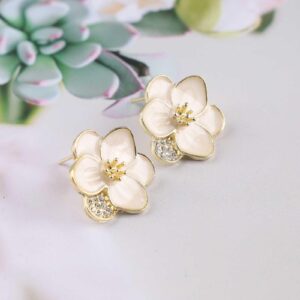 Sttiafay Vintage Enamel Flower Stud Earrings Camellia Flower Earrings Gold Crystal Flower Petal Earrings White Petal Stud Earrings Jewelry for Women and Girls