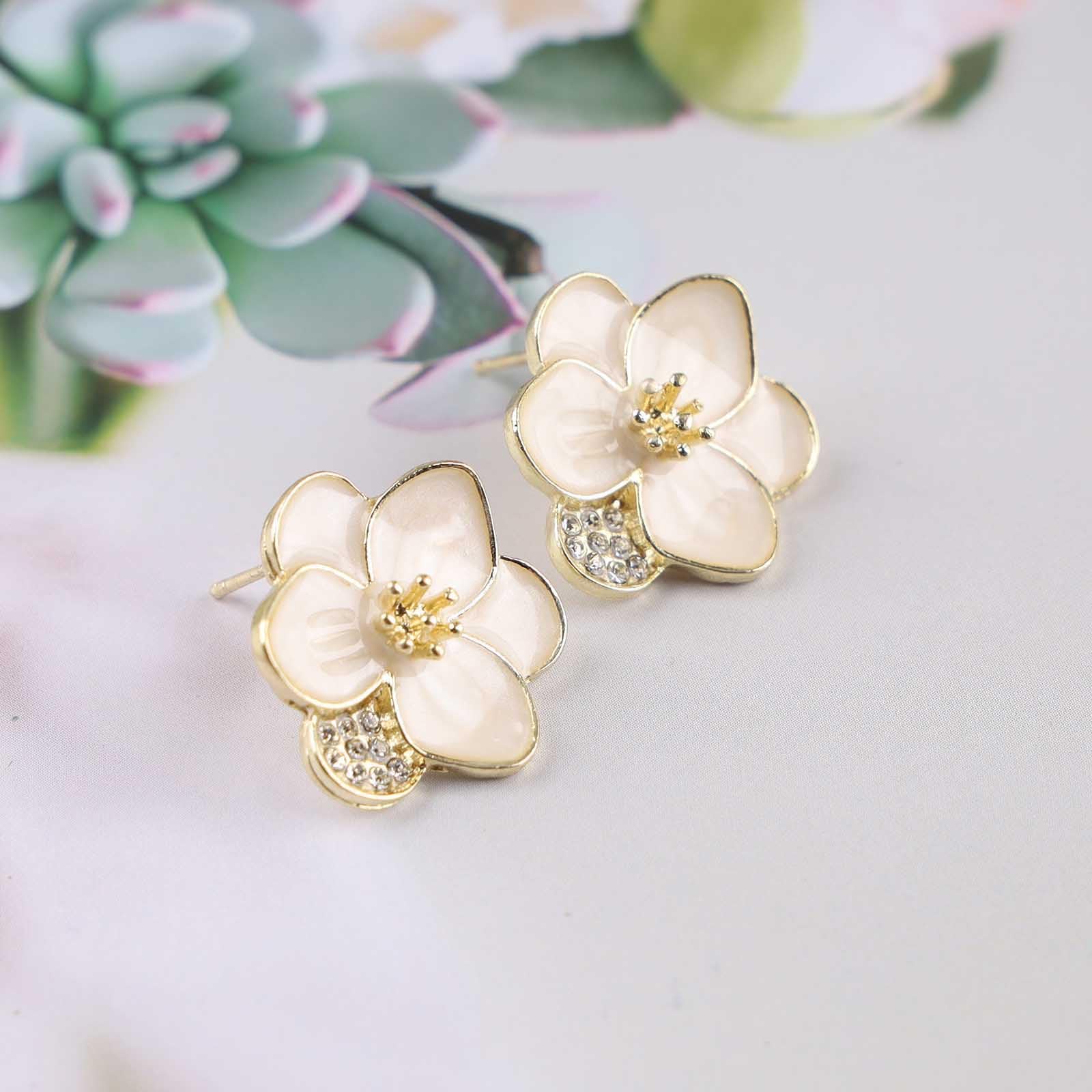 Sttiafay Vintage Enamel Flower Stud Earrings Camellia Flower Earrings Gold Crystal Flower Petal Earrings White Petal Stud Earrings Jewelry for Women and Girls