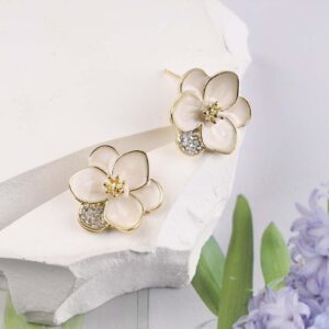 Sttiafay Vintage Enamel Flower Stud Earrings Camellia Flower Earrings Gold Crystal Flower Petal Earrings White Petal Stud Earrings Jewelry for Women and Girls