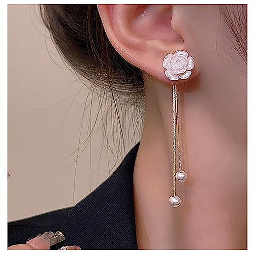 Sttiafay Vintage Flower Pearl Drop Earrings Long Tassel Pearl Earrings White Camellia Stud Earring Gold Pearl Chain Dangle Earrings Jewelry for Women and Girls