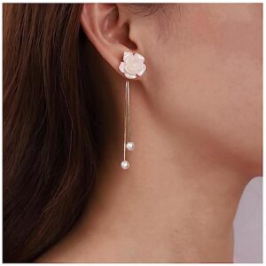 Sttiafay Vintage Flower Pearl Drop Earrings Long Tassel Pearl Earrings White Camellia Stud Earring Gold Pearl Chain Dangle Earrings Jewelry for Women and Girls