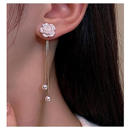 Sttiafay Vintage Flower Pearl Drop Earrings Long Tassel Pearl Earrings White Camellia Stud Earring Gold Pearl Chain Dangle Earrings Jewelry for Women and Girls