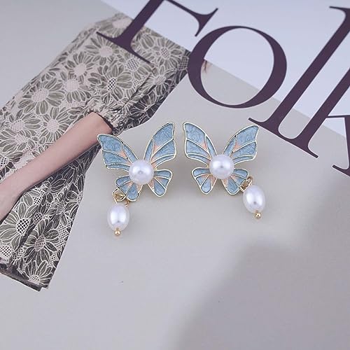 Sttiafay Boho Acrylic Butterfly Pearl Drop Earrings Gold Pearl Dangle Earrings Blue Enamel Butterfly Earrings Vintage Resin Butterfly Stud Earrings Jewelry for Women and Girls