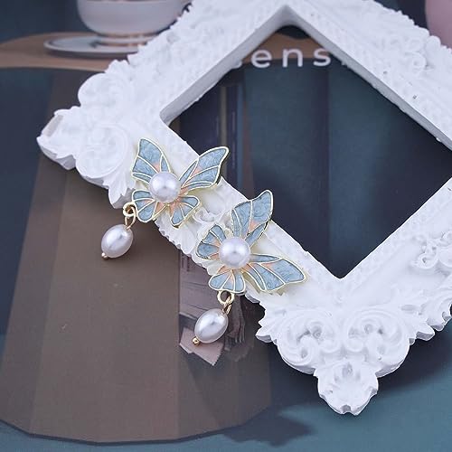 Sttiafay Boho Acrylic Butterfly Pearl Drop Earrings Gold Pearl Dangle Earrings Blue Enamel Butterfly Earrings Vintage Resin Butterfly Stud Earrings Jewelry for Women and Girls