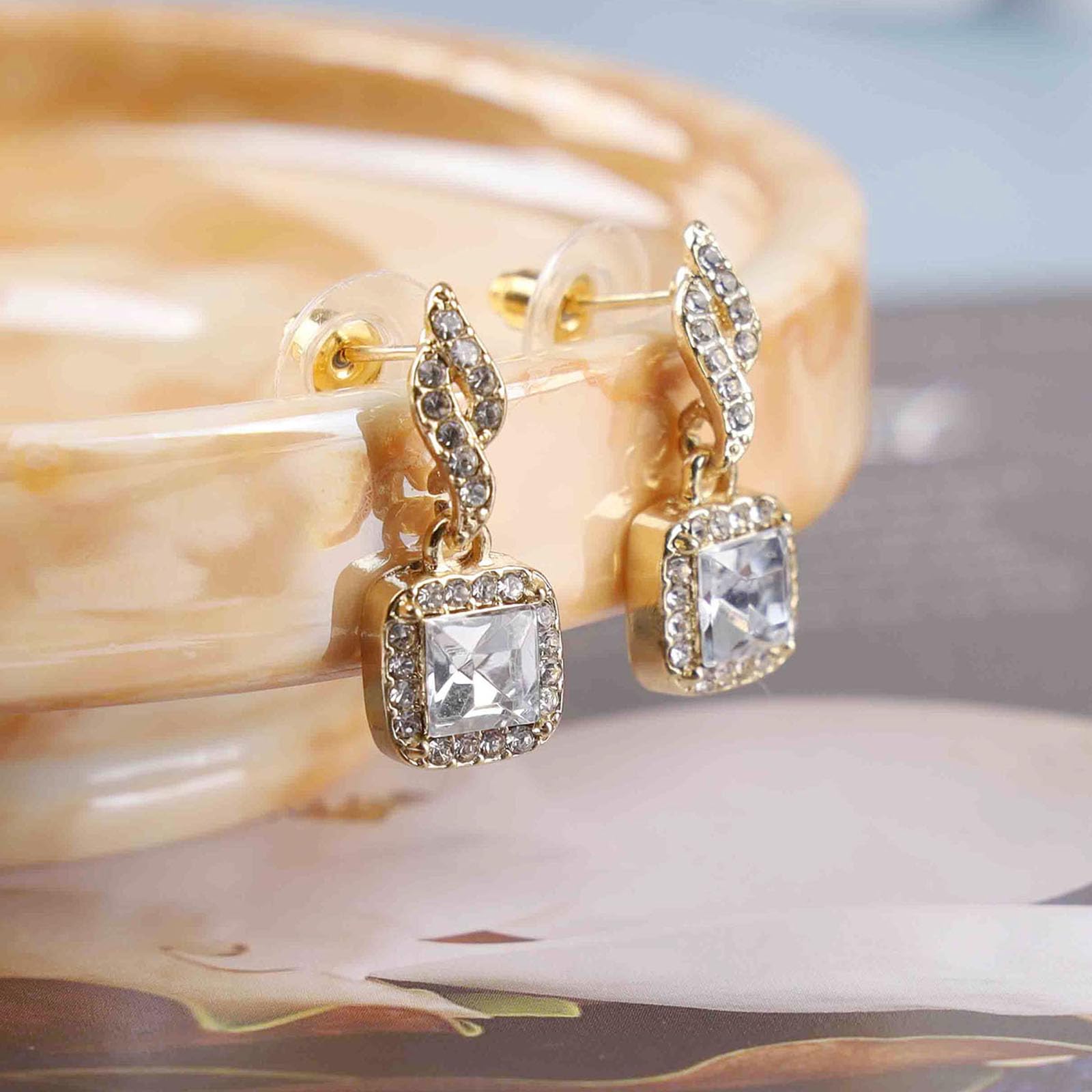 Sttiafay Vintage Crystal Square Drop Earrings Gold Cz Square Stud Earrings Rhinestone Square Dangle Earrings Geometry Cz Earrings Jewelry for Women and Girls