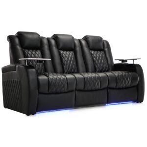 weilianda home theater seating top grain leather recliner chair dual power electric headrest movie gaming sofa with tray table type-c usb charge cup holders (row of 3 loveseat, black)