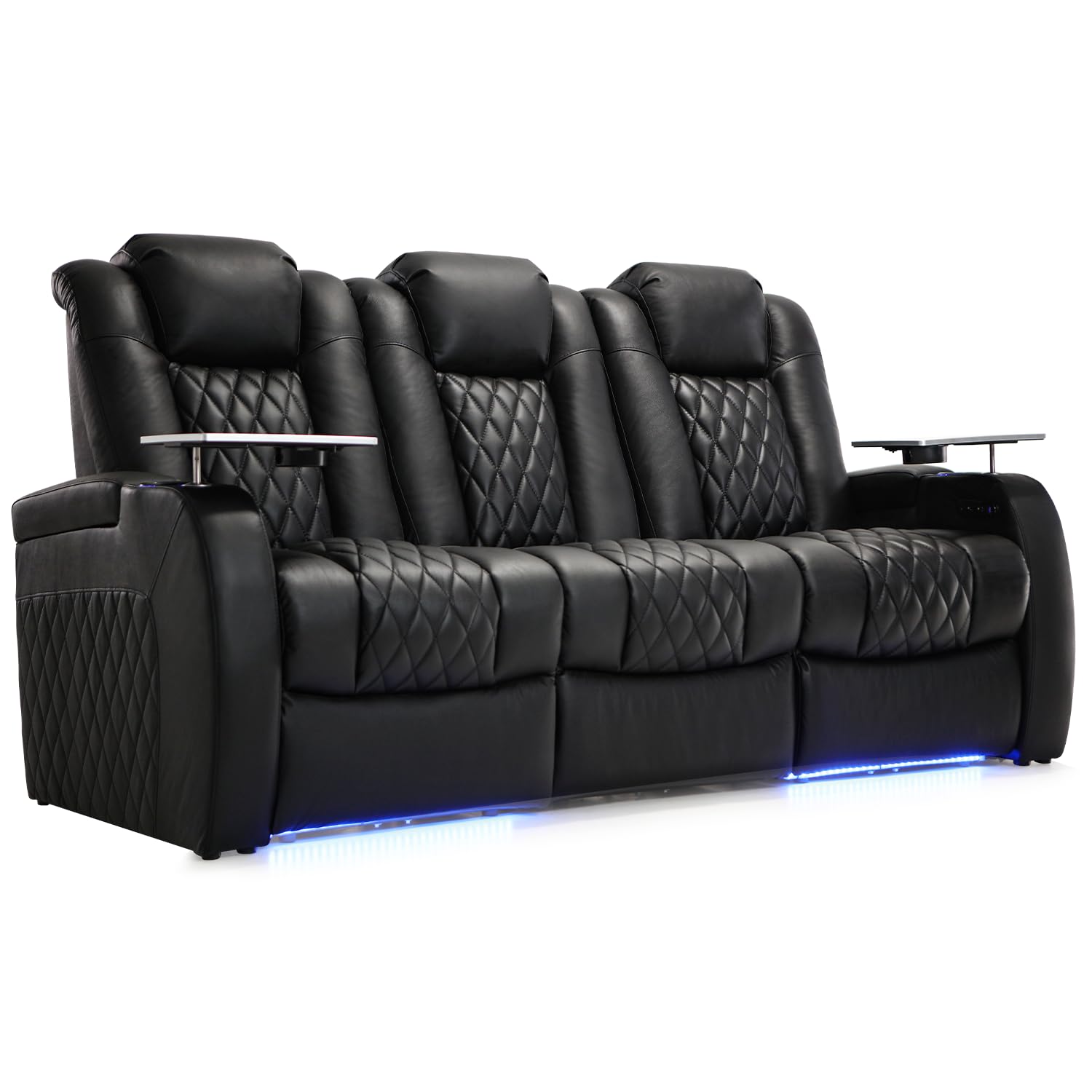 Weilianda Home Theater Seating Top Grain Leather Recliner Chair Dual Power Electric Headrest Movie Gaming Sofa with Tray Table Type-C USB Charge Cup Holders (Row of 3 Loveseat, Black)