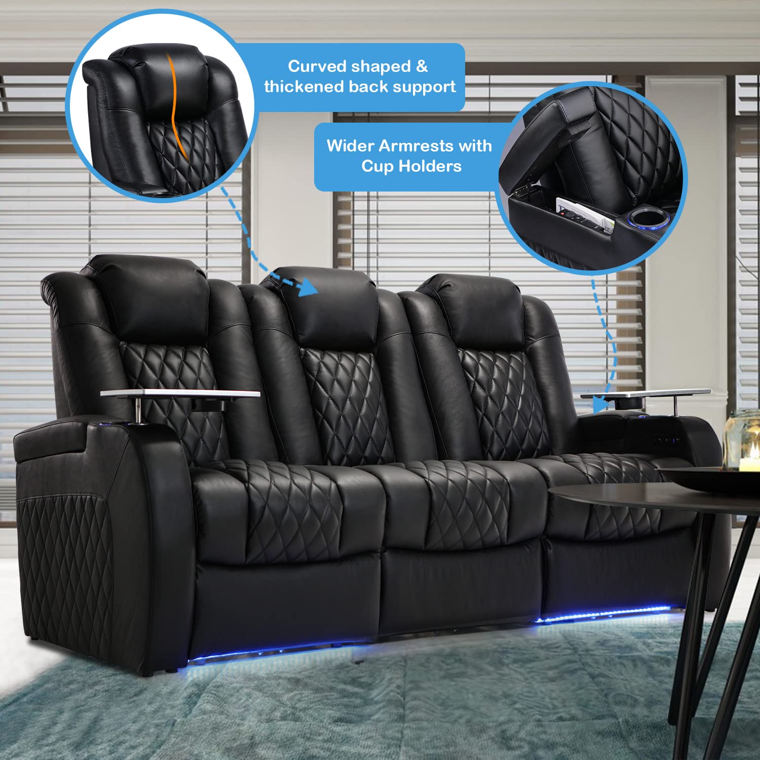 Weilianda Home Theater Seating Top Grain Leather Recliner Chair Dual Power Electric Headrest Movie Gaming Sofa with Tray Table Type-C USB Charge Cup Holders (Row of 3 Loveseat, Black)