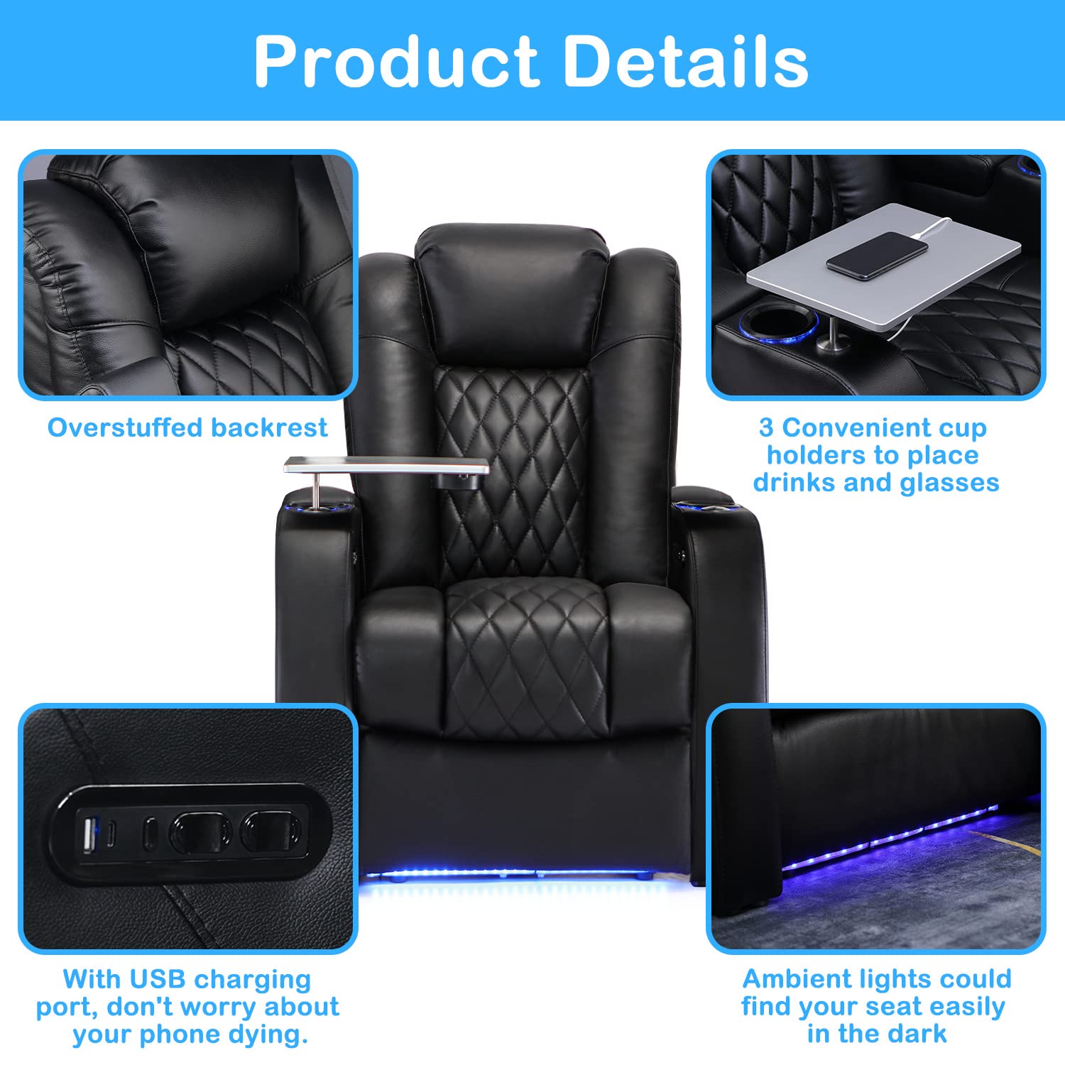 Weilianda Home Theater Seating Top Grain Leather Recliner Chair Dual Power Electric Headrest Movie Gaming Sofa with Tray Table Type-C USB Charge Cup Holders (Row of 3 Loveseat, Black)