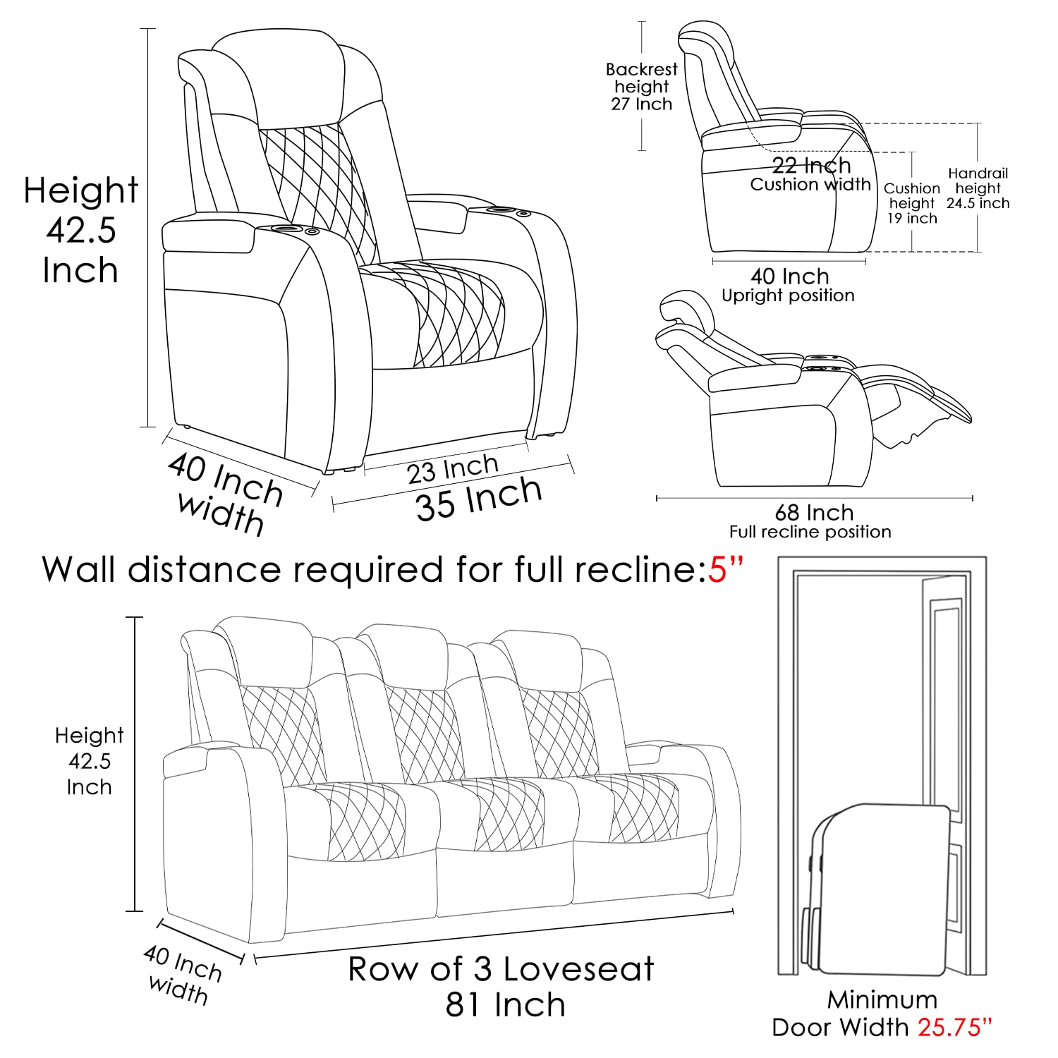 Weilianda Home Theater Seating Top Grain Leather Recliner Chair Dual Power Electric Headrest Movie Gaming Sofa with Tray Table Type-C USB Charge Cup Holders (Row of 3 Loveseat, Black)