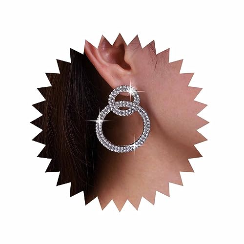 Sttiafay Vintage Crystal Circle Drop Earrings Double Circle Hoop Earrings Silver Cz Circle Dangle Earrings CZ Hollow Circle Earrings Jewelry for Women and Girls