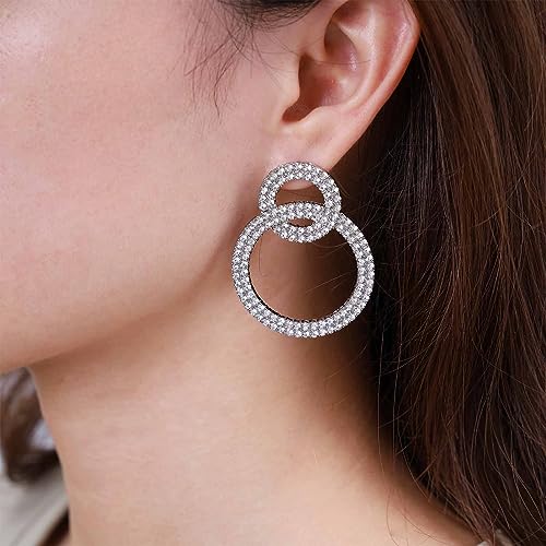 Sttiafay Vintage Crystal Circle Drop Earrings Double Circle Hoop Earrings Silver Cz Circle Dangle Earrings CZ Hollow Circle Earrings Jewelry for Women and Girls