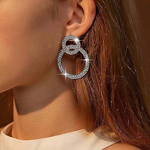 Sttiafay Vintage Crystal Circle Drop Earrings Double Circle Hoop Earrings Silver Cz Circle Dangle Earrings CZ Hollow Circle Earrings Jewelry for Women and Girls