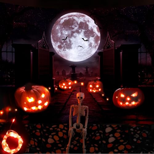 Light Up Halloween Backdrop 7x5 FT,Halloween Back Drop for Iron Gate,Pumpkin Head, Ideal for Halloween Photo Backdrop, Halloween Party Decorations,Halloween Backdrops for Photography